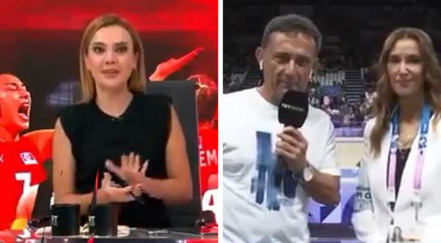 Basak Koc, TRT presenter Kerem Oncel during a live broadcast: Character ...