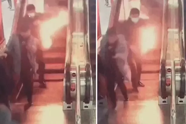 He descended the escalator, spewing flames.